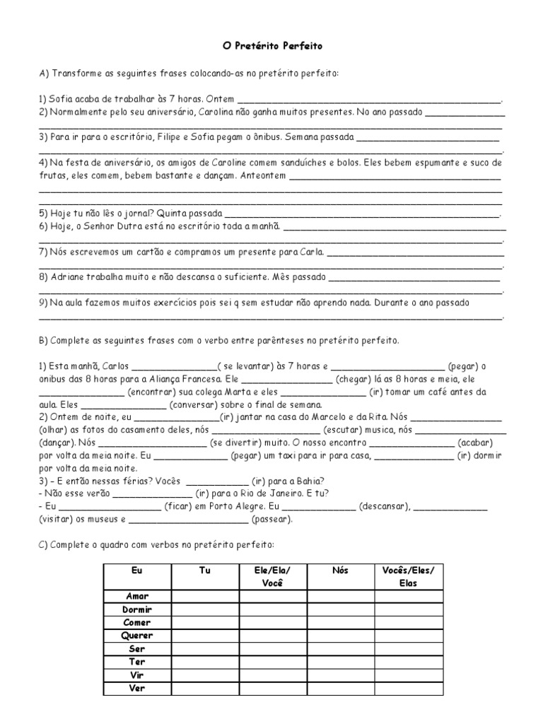 Exemplos de frases no Pretérito Perfeito para exercitar o uso correto ...