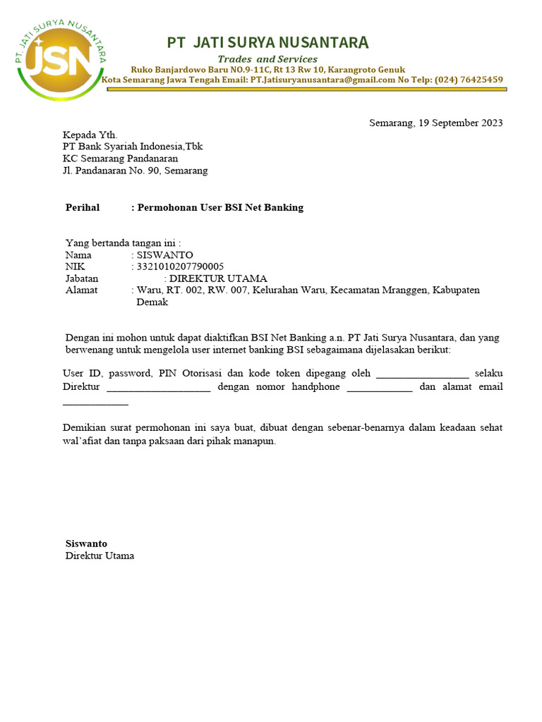 Surat Permohonan User Bsi Net Banking | PDF