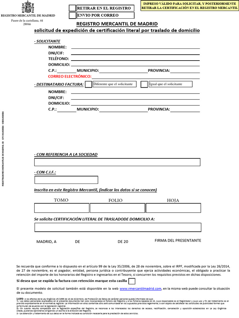 Solicitud de Inscripcion en Registro Mercantil | PDF