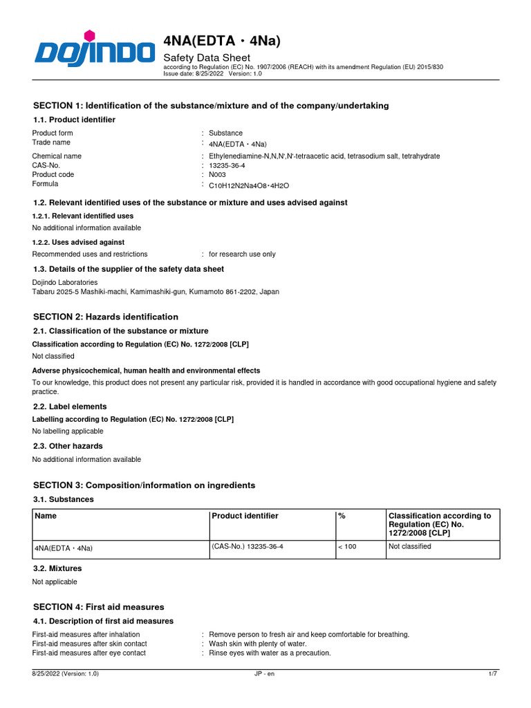 4NA (EDTA・4Na) : Safety Data Sheet | PDF | Self-Improvement | Wellness