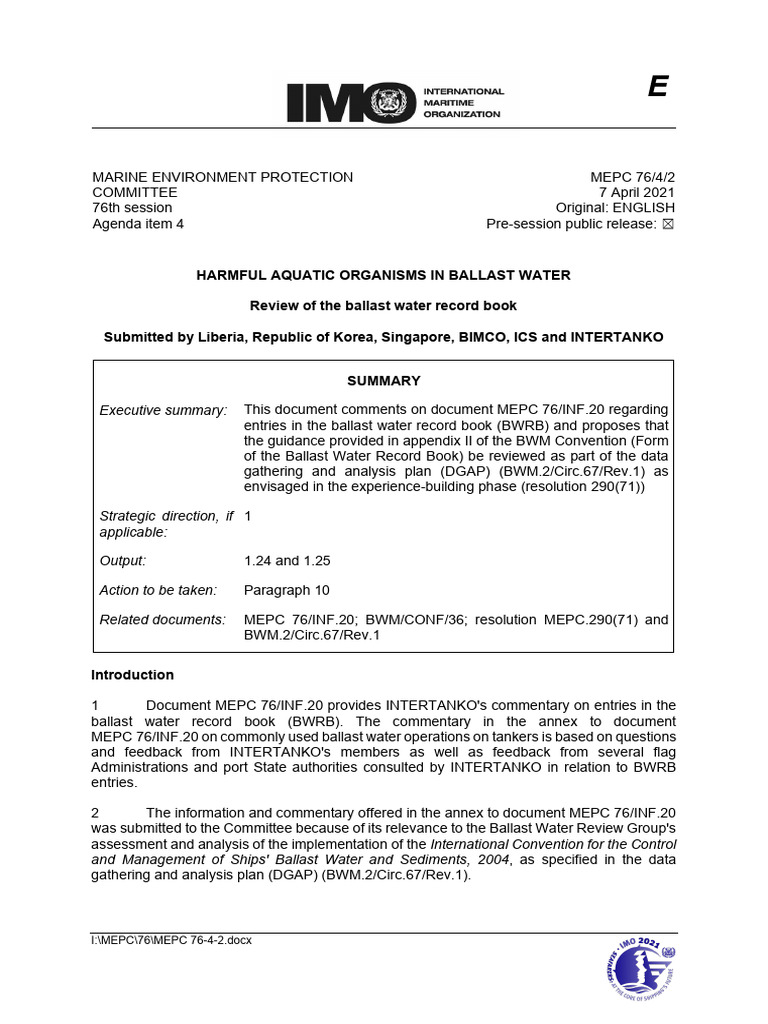 Ballast Water Record Book Review 2021 | PDF