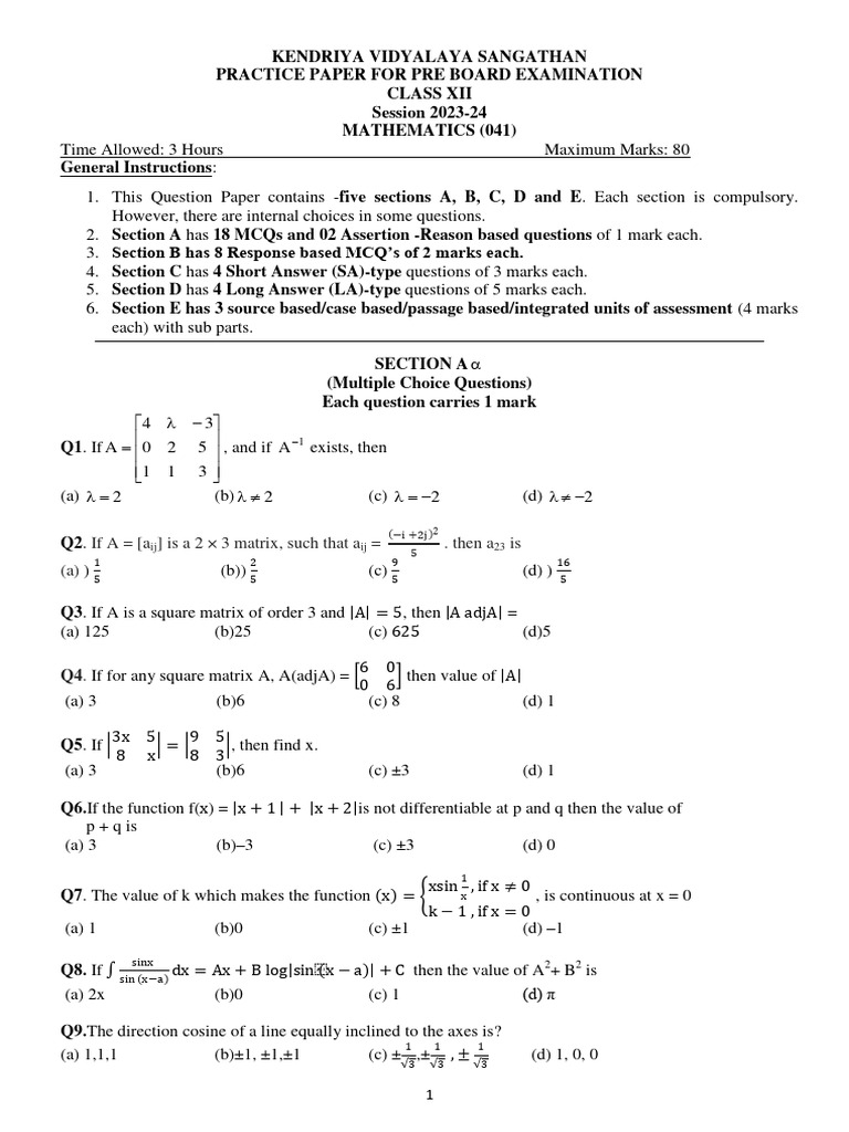 Practice Paper Pre Board Xii Maths 2023-24 | PDF | Algebra ... Practice Paper Pre Board Xii Maths 2023-24 | PDF | Algebra ...