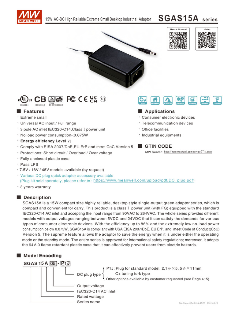 Meanwell SMPS 5V 3A SGAS15A-spec | PDF