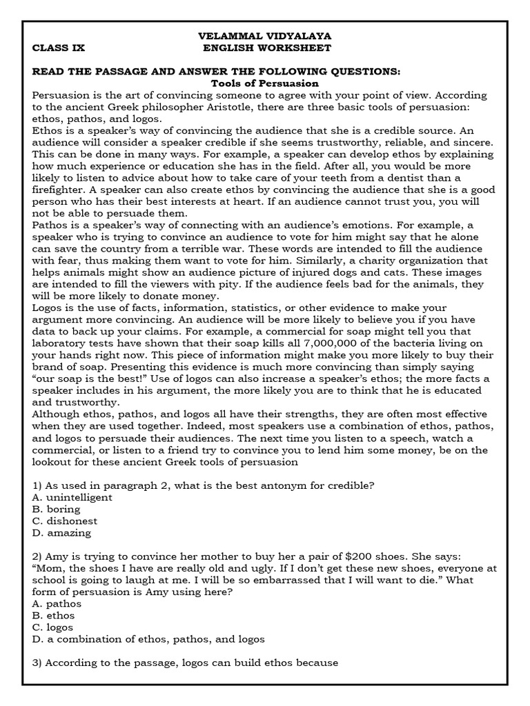 CLASS IX - ENGLISH (PT 1 Worksheet) 23-24 | PDF | Persuasion