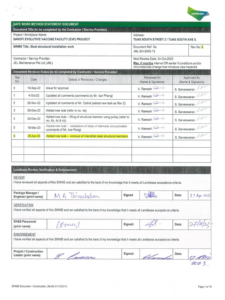 13) SWMS For Steel Structural Instalaltion (Rev 6) Approved | PDF