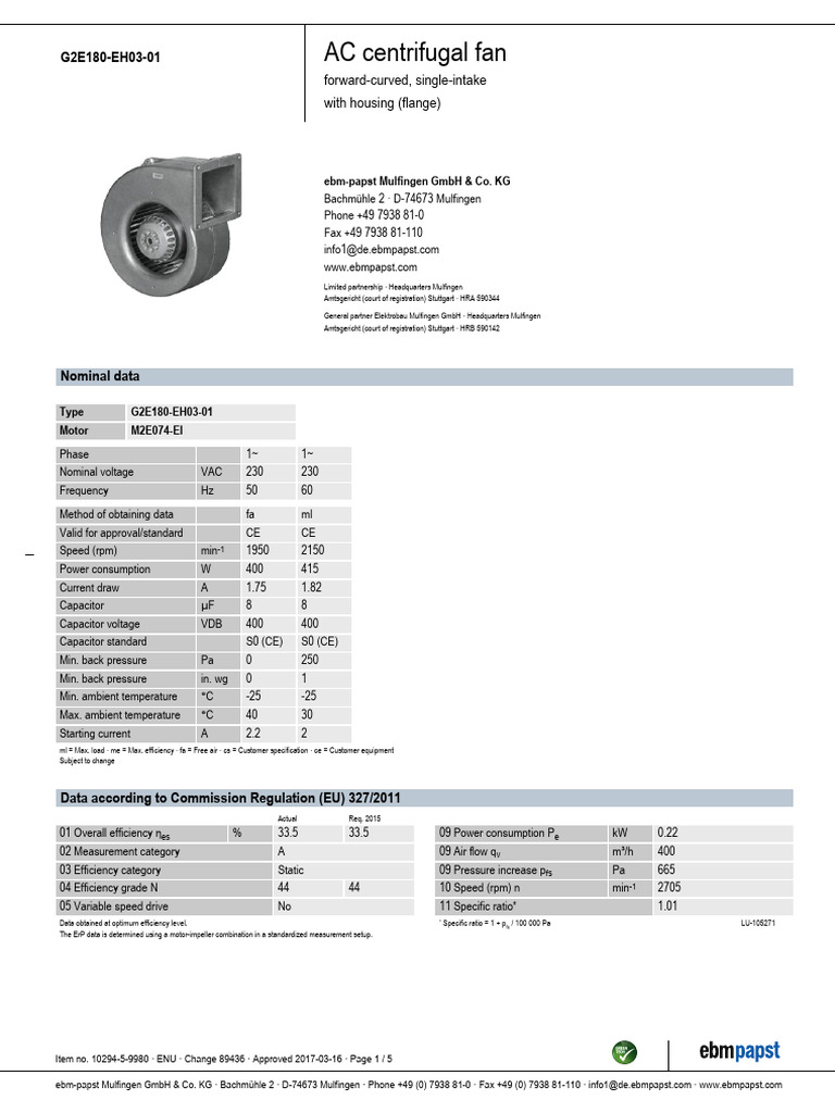 Ebm Papst G2E180EH0301-1879467 | PDF | Electric Motor | Alternating Current