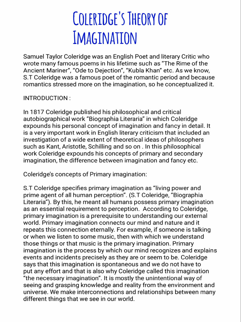 Coleridge's Theory of Imagination.. | PDF