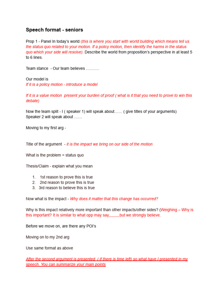 Speech Format - Seniors Updated) | PDF | Argument