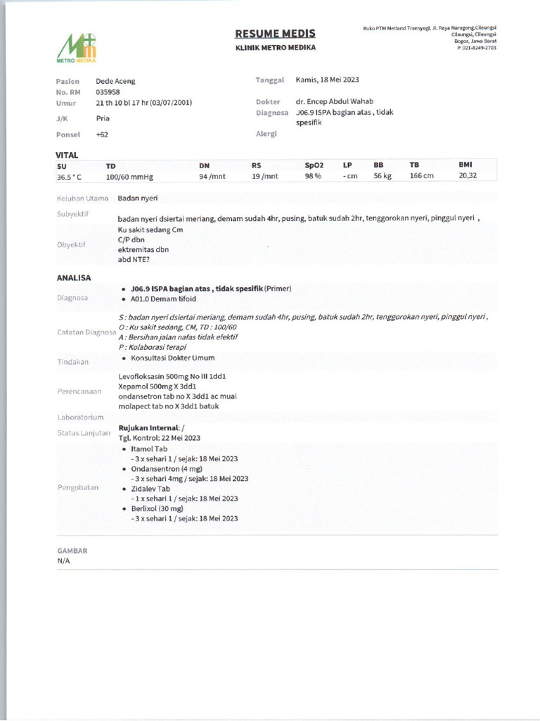 BRM Pasien Pemulangan Tindak Lanjut (Dede Aceng 035958) | PDF