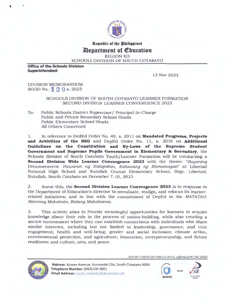 DM SGOD No. 139 S. 2023 SCHOOLS DIVISION OF SOUTH COTABATO LEARNER ...