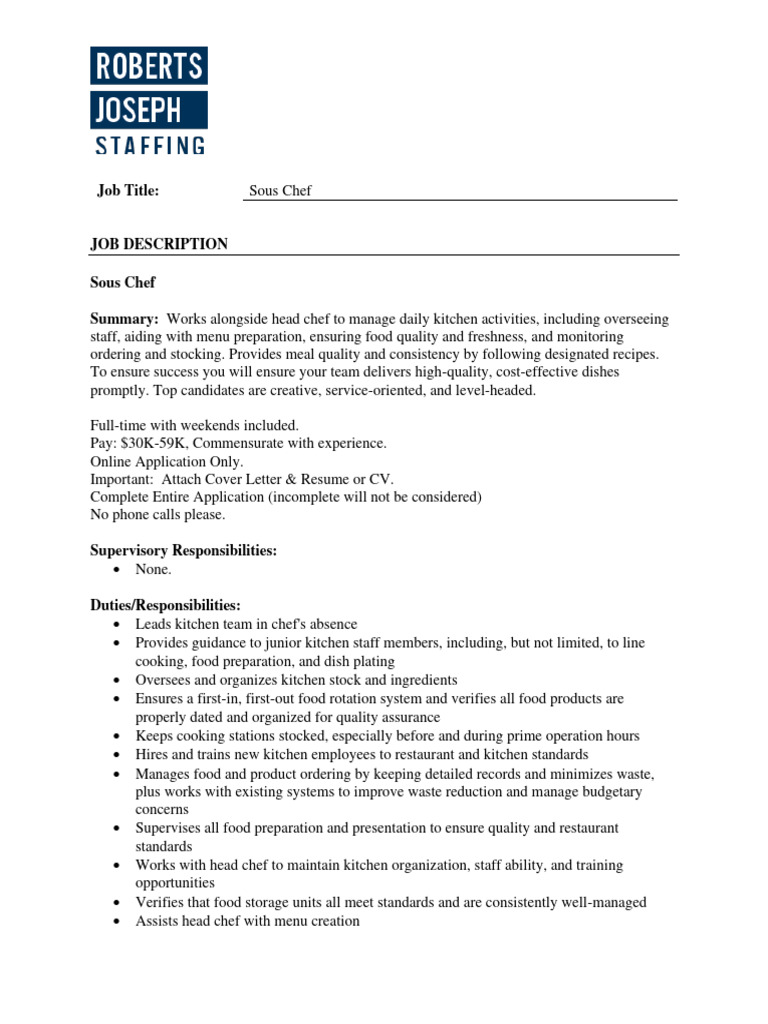 Sous Chef | PDF | Chef | Kitchen