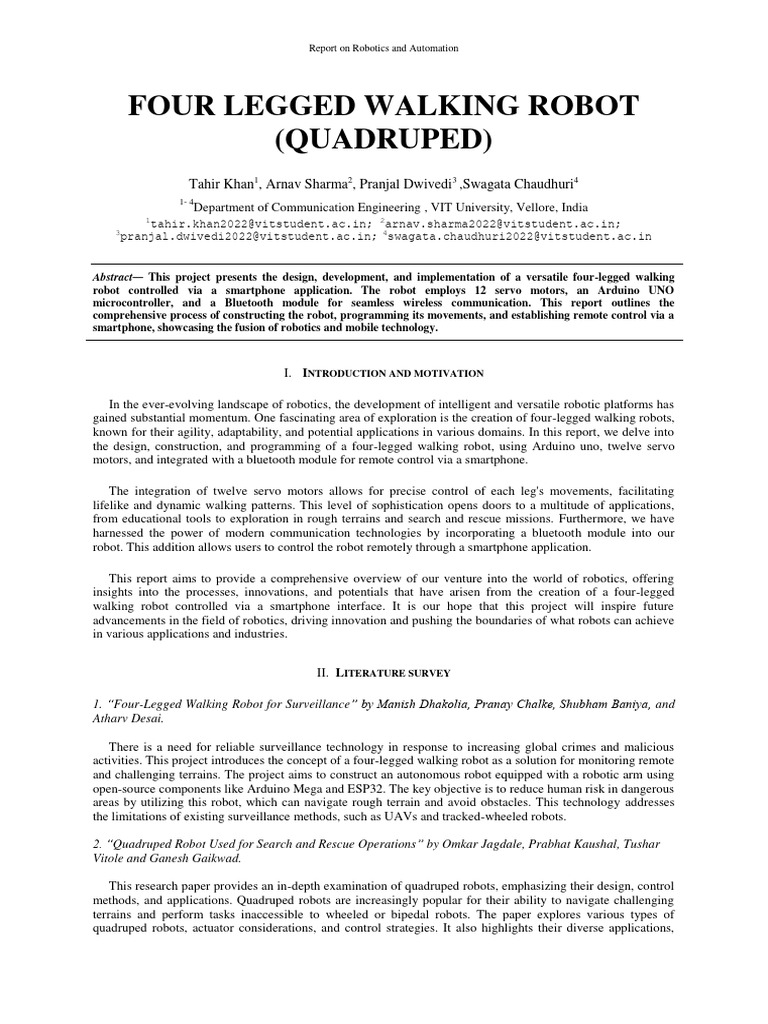 Four-Legged Walking Robot: A Comprehensive Report On The Quadruped | PDF | Arduino | Robotics