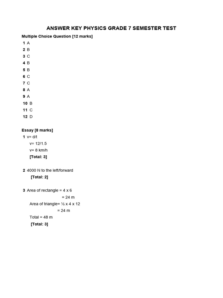 Grade 7 Physics Semester Test Answers | PDF