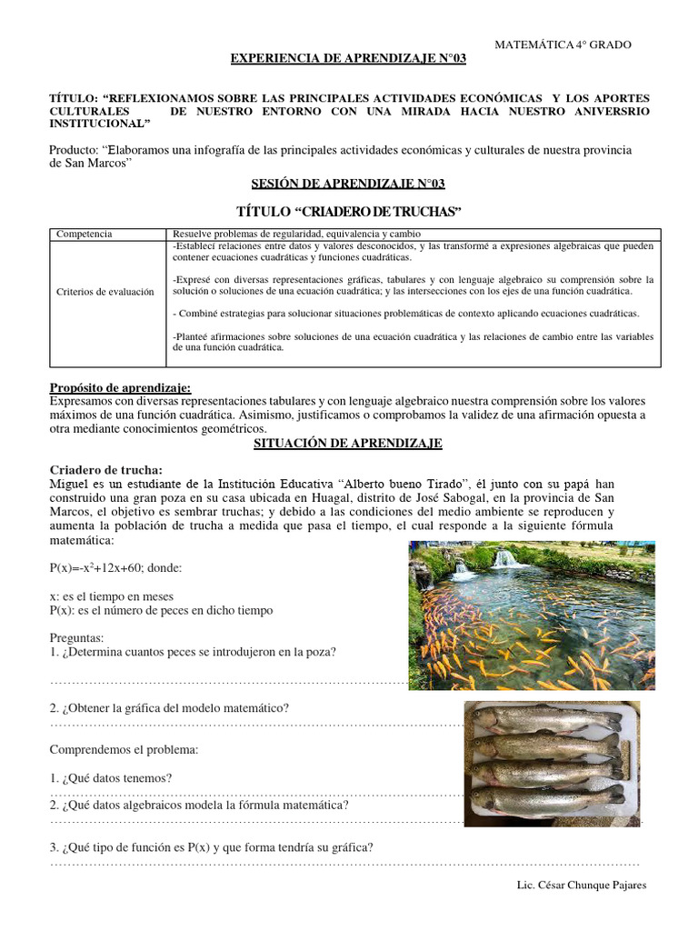 Exp. Aprendizaje 03-Sesión 03 - 4° Grado Mate | PDF | Ecuaciones | Ecuación cuadrática