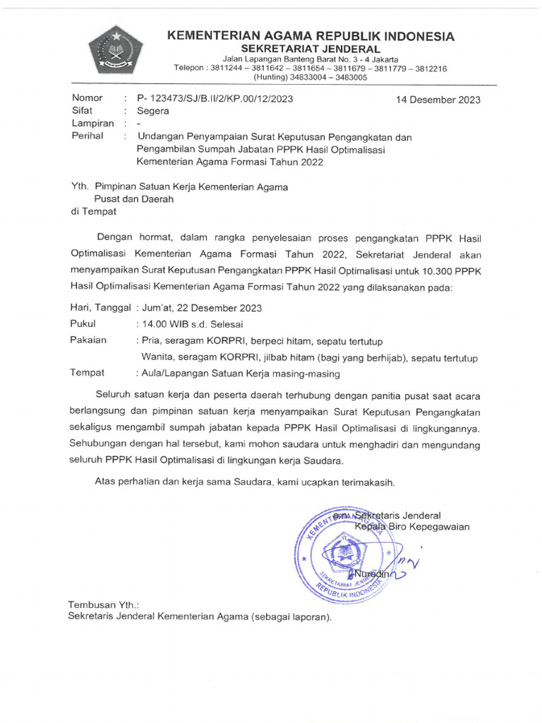 Surat Undangan Penyerahan SK PPPPK Hasil Optimalisasi Tahun 2022 | PDF