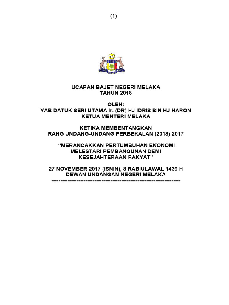 Teks Ucapan Negeri Melaka Bajet 2018 | PDF