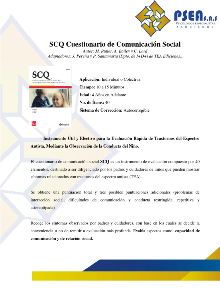 SCQ. Cuestionario de Comunicacion Social | PDF