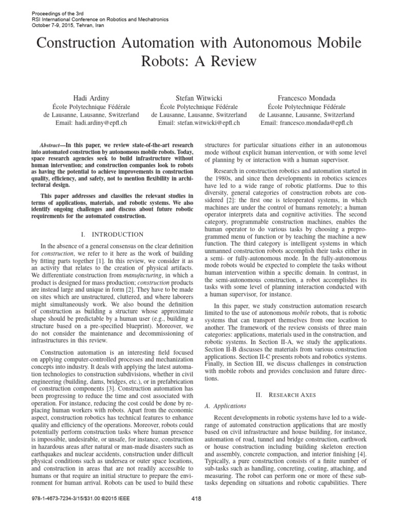 Construction Automation With Autonomous Mobile | PDF