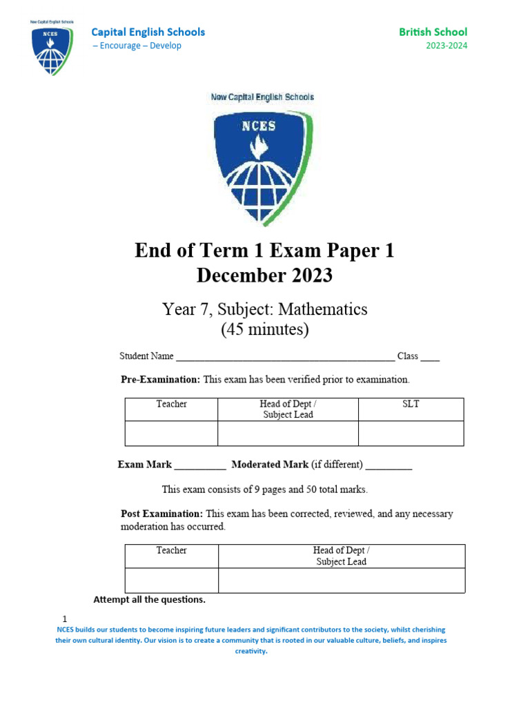 Math Term 1 Year 7 Paper 1 Mark Scheme 2023-2024 NCES | Download Free PDF | Science