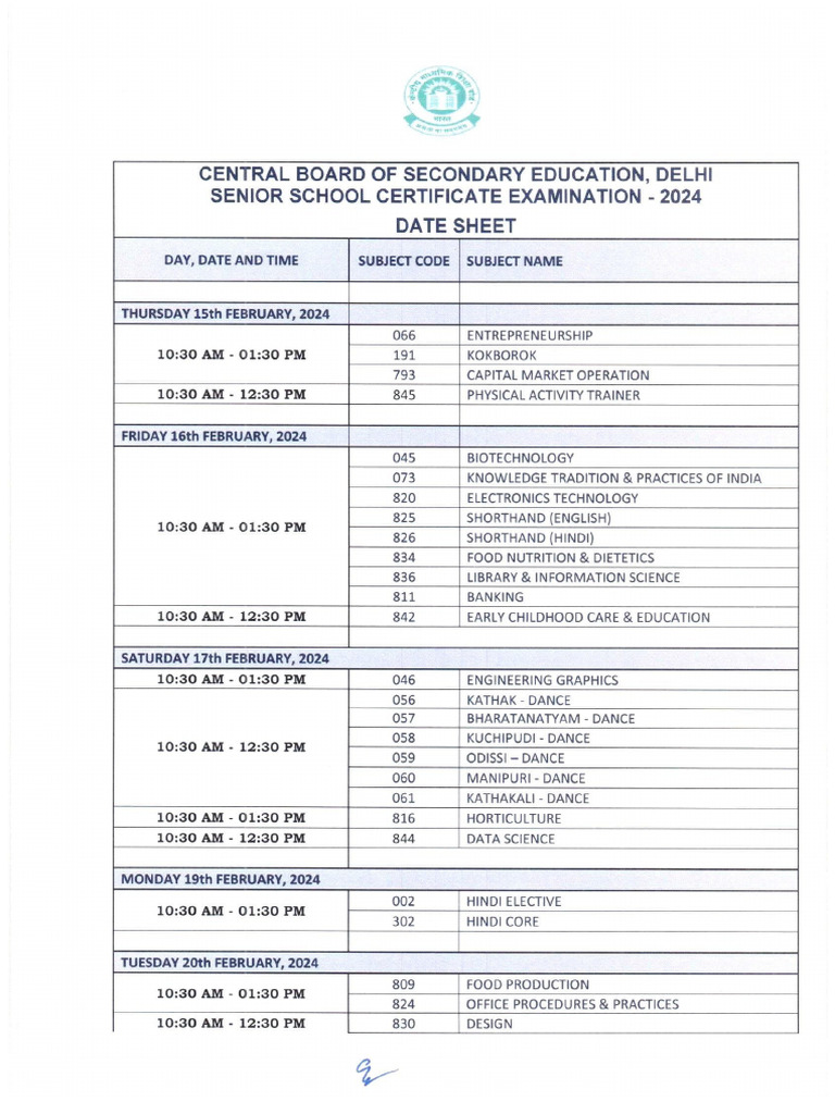 Class XII Date Sheet For Board Examinations 2024 | PDF