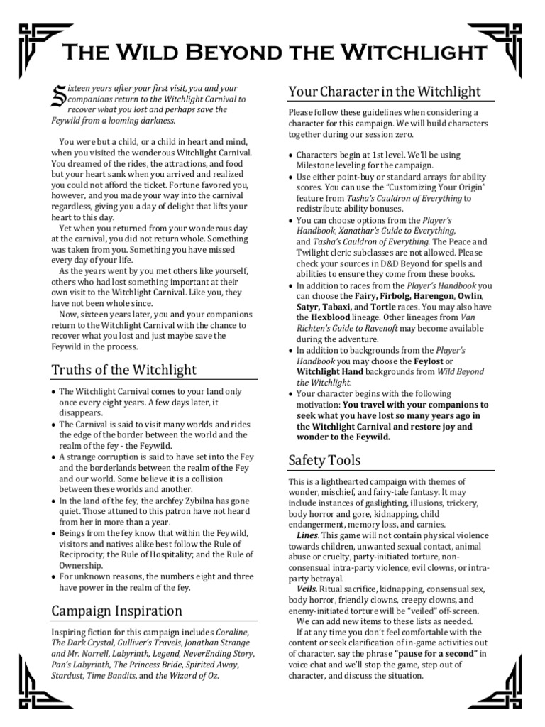 Microsoft Word - Witchlight One Page Campaign Guide | PDF | General Fiction