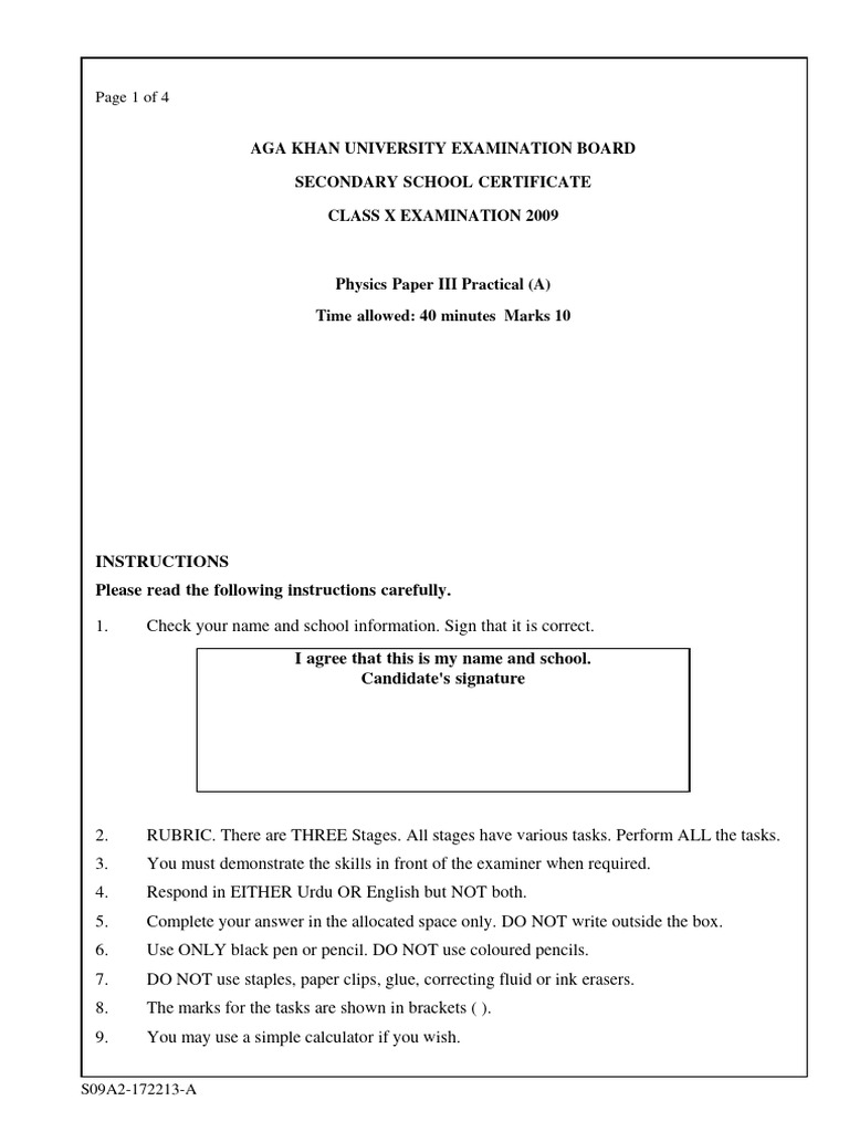 Page 1 of 4: Aga Khan University Examination Board Secondary School Certificate Class X ...
