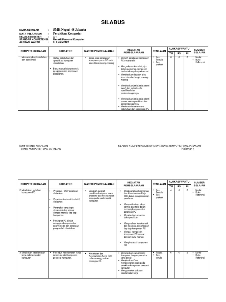 Toaz - Info Silabus SMK Negeri 48 Jakarta Perakitan Komputer PR | PDF