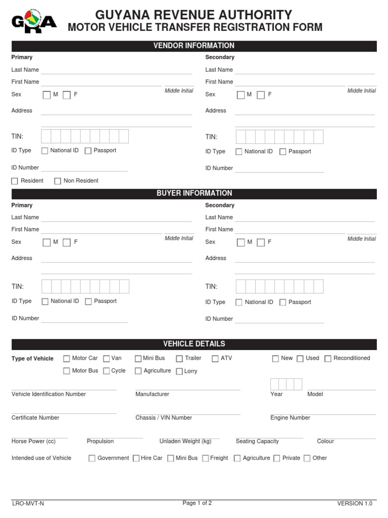 Motor Vehicle Transfer Registration Form | PDF