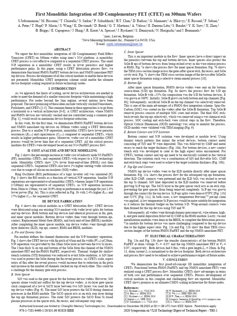 First Monolithic Integration of 3D Complementary FET - CFET - On 300mm Wafers | PDF | Field ...