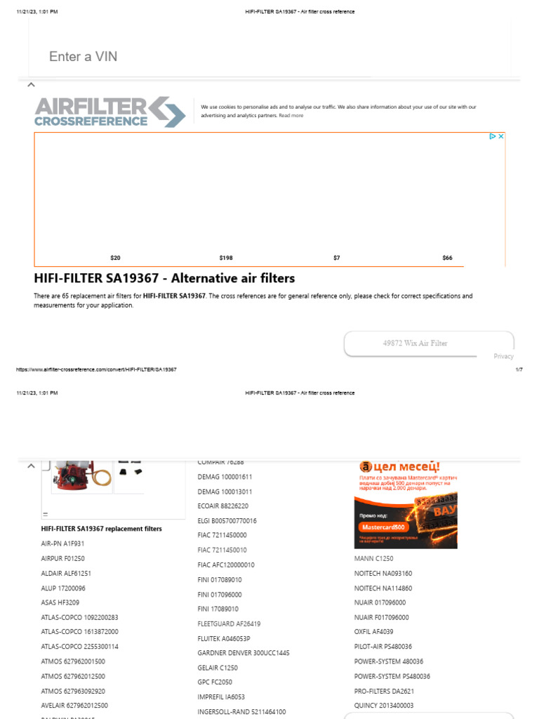 HIFI-FILTER SA19367 - Air Filter Cross Reference | PDF