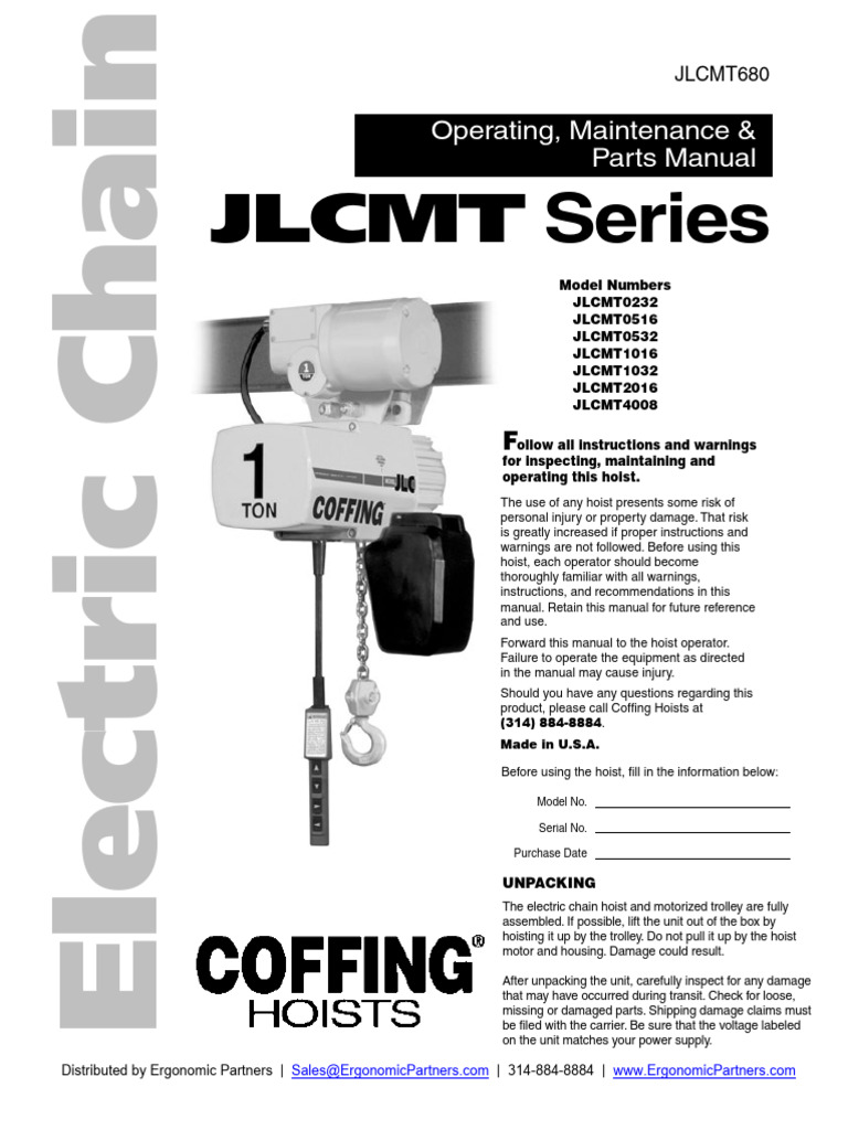 Coffing JLCMT Electric Chain Hoist Trolley Manual | PDF | Elevator | Safety