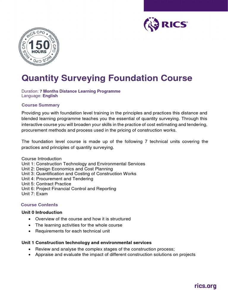 Quantity Surveying Foundation - Course Guide | PDF