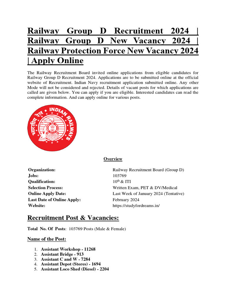 Railway Group D Recruitment 2024 Notification | PDF | Business ...