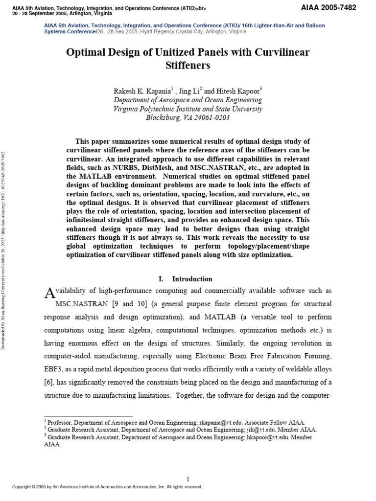 Kapania Et Al 2012 Optimal Design of Unitized Panels With Curvilinear ...