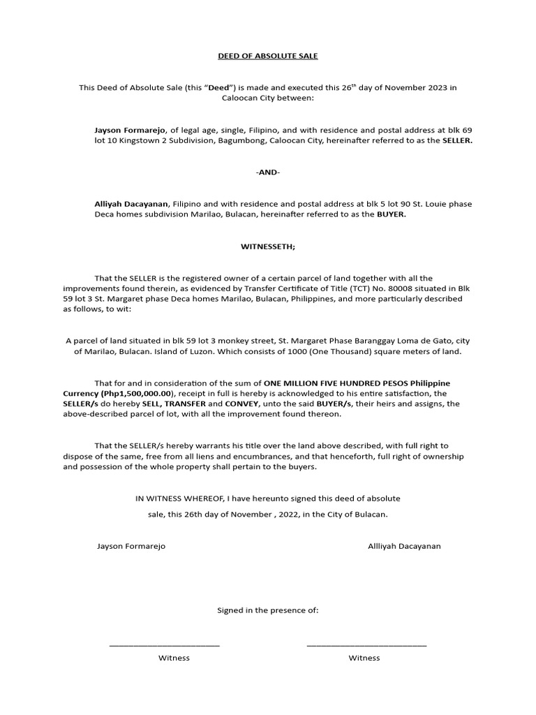 Deed of Absolute Sale | PDF | Title (Property) | Law And Economics