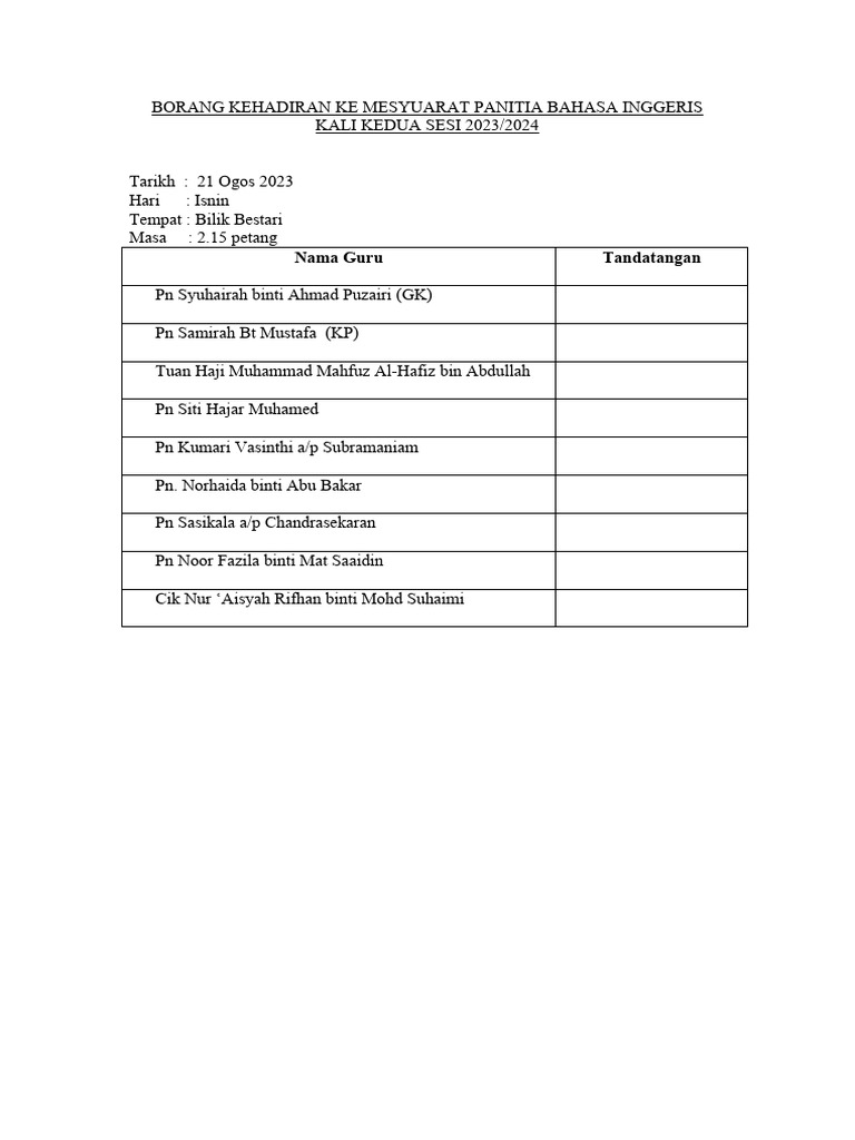 Borang Kehadiran Ke Mesyuarat Panitia Bi Kali Kedua | PDF