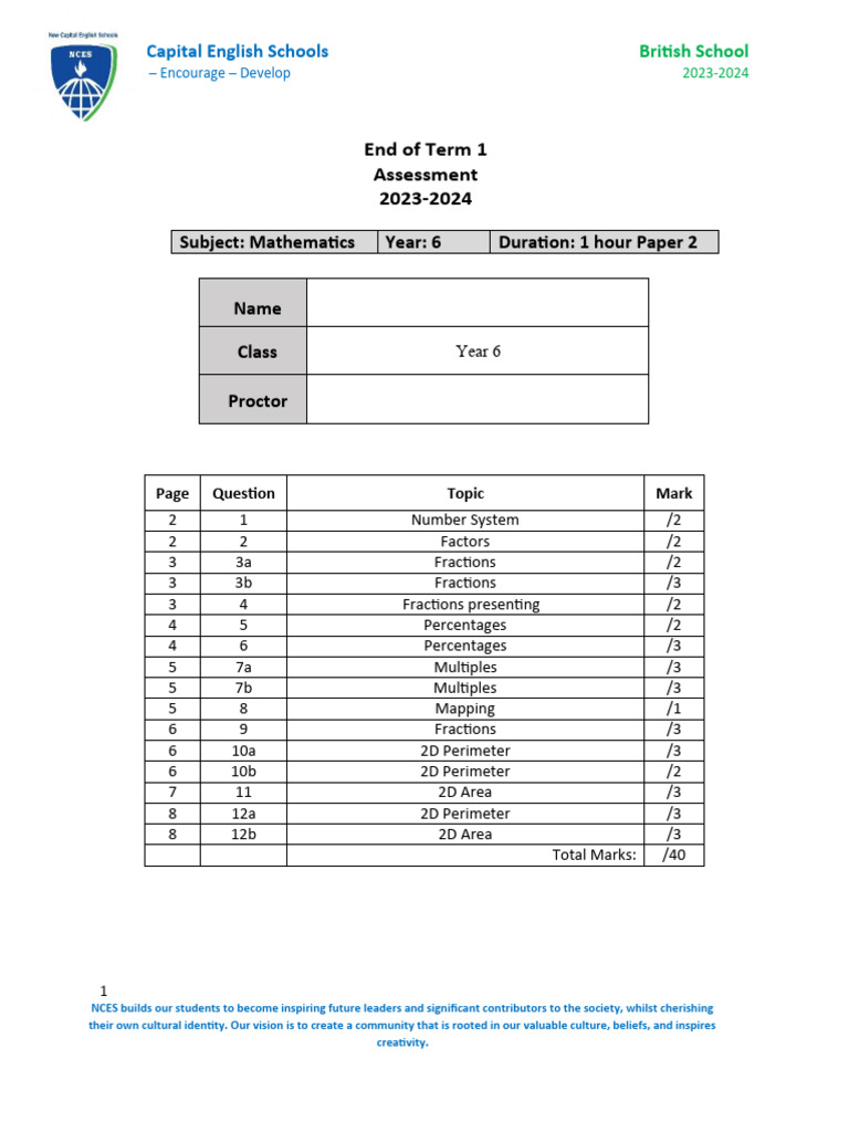 Math Term 1 Year 6 Paper 2 2023-2024 NCES | Download Free PDF | Science | Mathematics