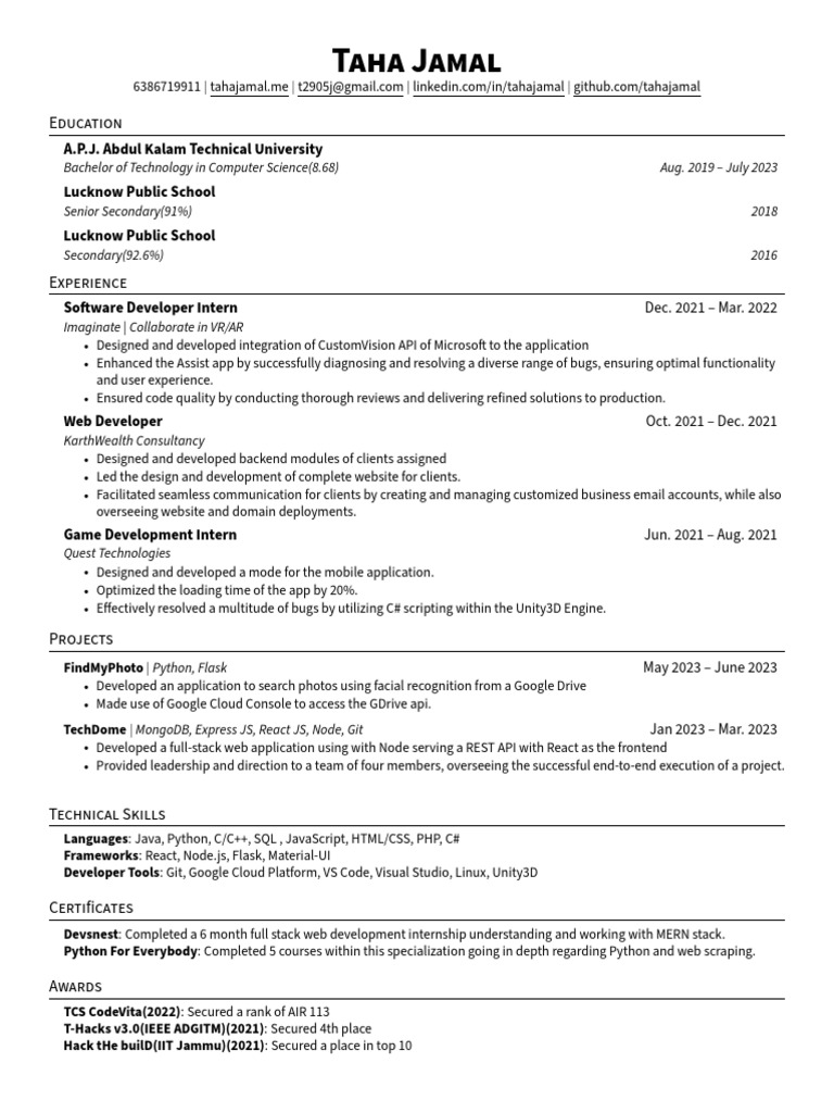 Resume - Taha - Taha Jamal | PDF | Cloud Computing | Web Application