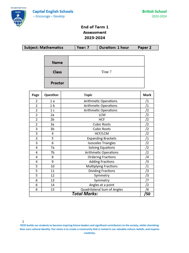 Math Term 1 Year 7 Paper 2 2023-2024 NCES | PDF | Mathematics ...