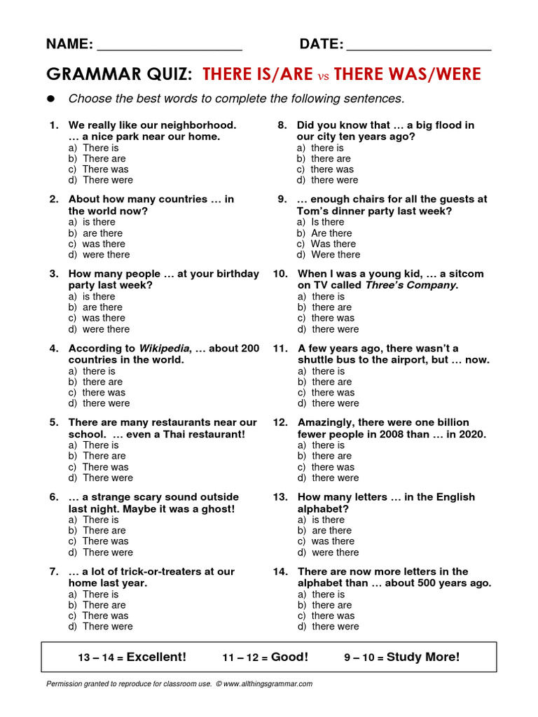 Grammar Quiz: There Is/Are vs Was/Were | PDF