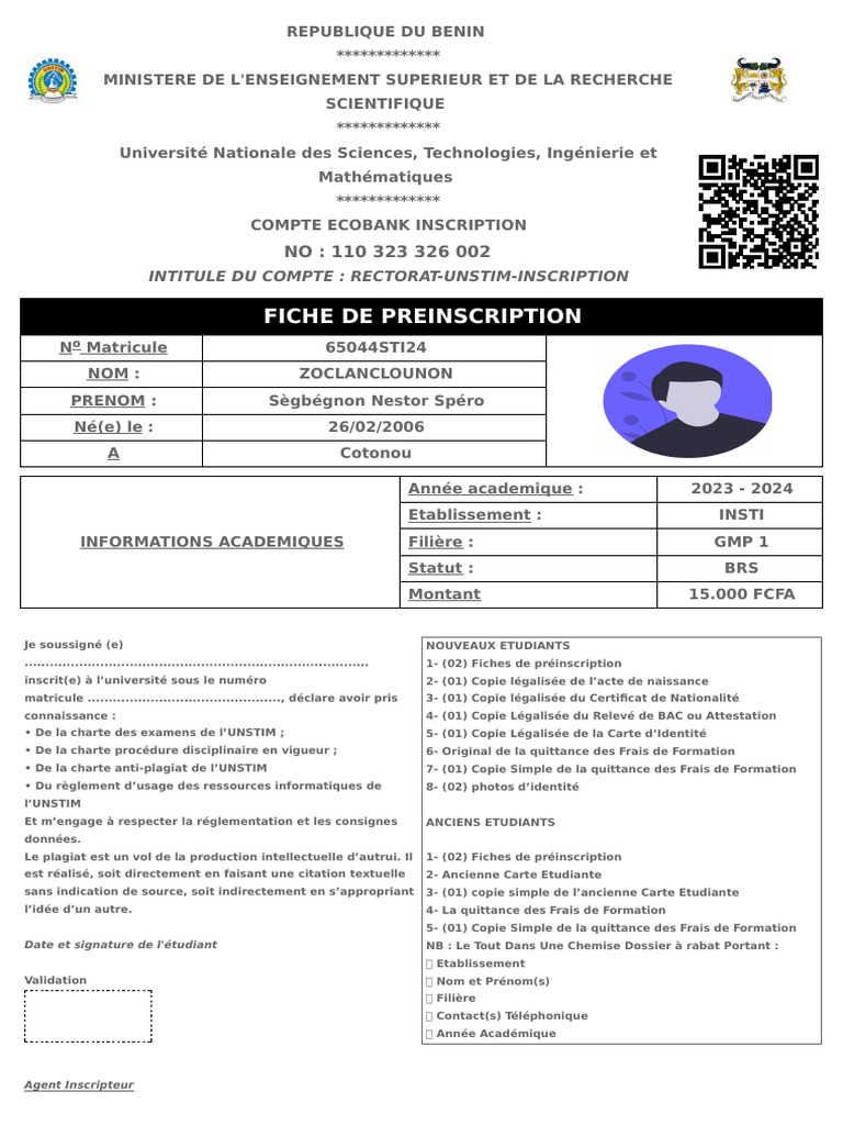 Fiche de préinscription UNSTIM 2023-2024 | PDF