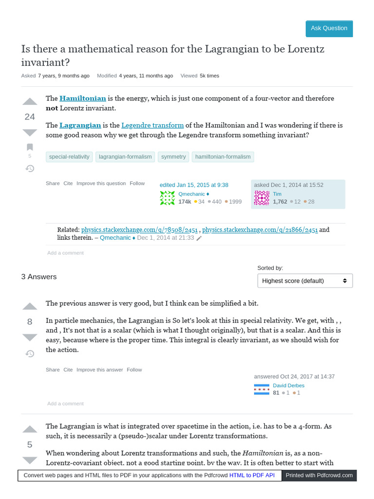 Lorentz Invariance of Lagrangian Explained | PDF | Hamiltonian Mechanics | Lagrangian Mechanics