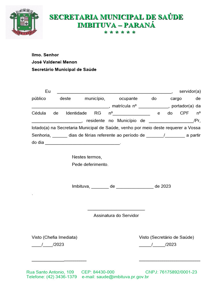MODELO DE REQUERIMENTO DE FERIAS DO SERVIDOR | PDF MODELO DE REQUERIMENTO DE FERIAS DO SERVIDOR | PDF