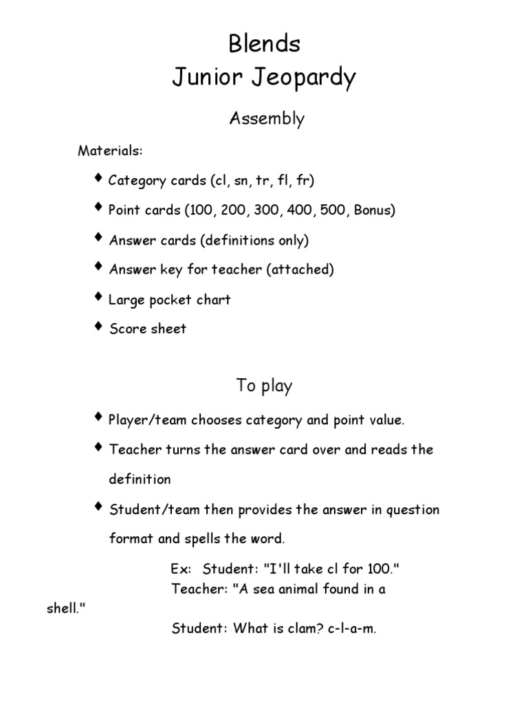 Blends Junior Jeopardy: Assembly | PDF | Leisure | Nature