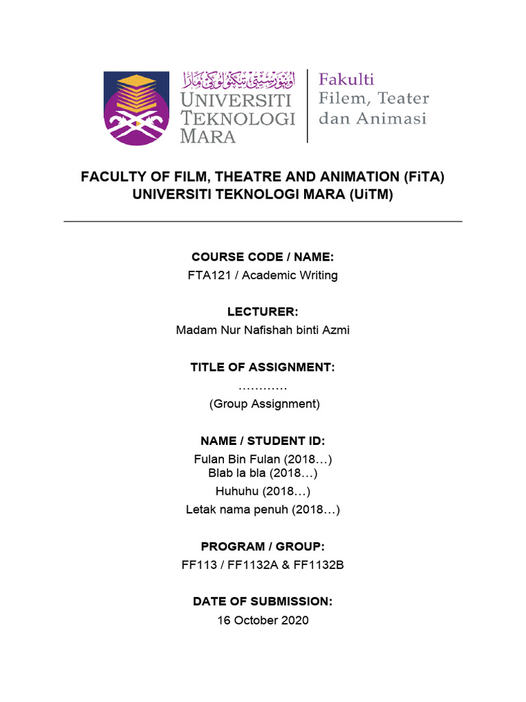 UiTM FiTA Group Assignment Cover Page | PDF