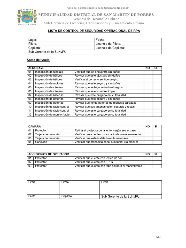Lista de Control de Seguridad Operaciones de Rpa | PDF | Aviación | Aeronave