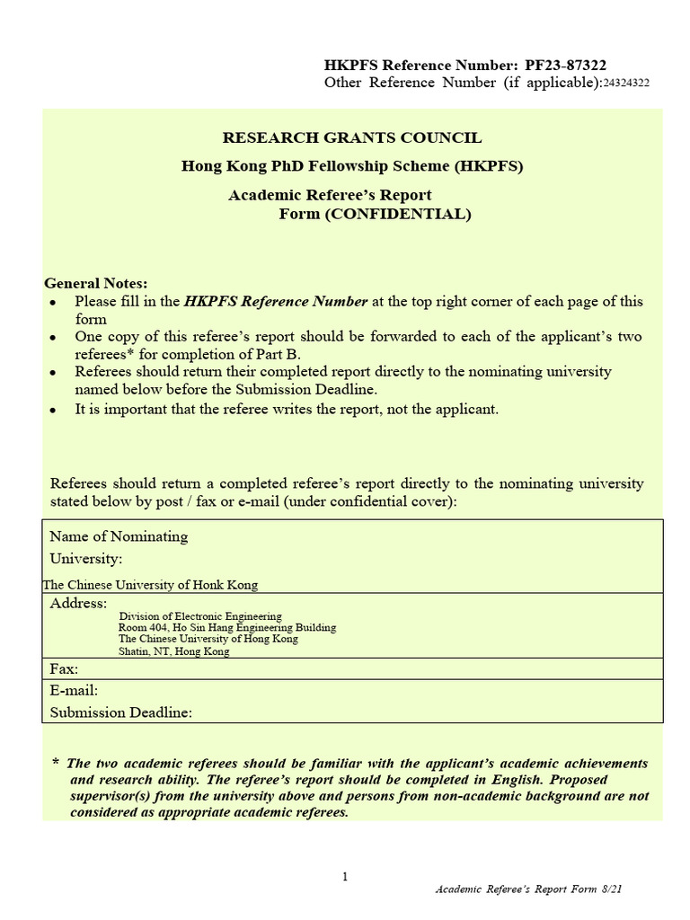 Academic Referee Report Form | PDF | Doctor Of Philosophy