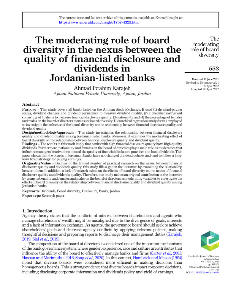 The Moderating Role of Board Diversity in the Nexus Between the Quality of Financial Disclosure ...