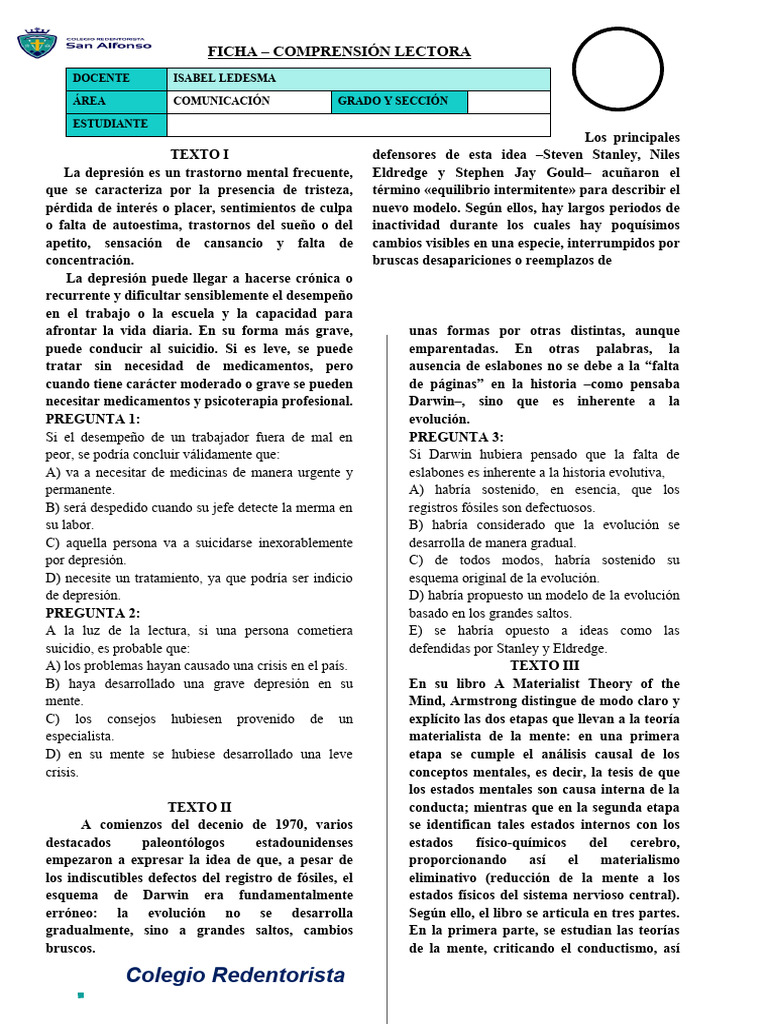 FICHA DE COMUNICACIÓN - COMPRENSIÓN DE TEXTOS 4.º DE SEC. | PDF | Mente | Filosofía de la mente