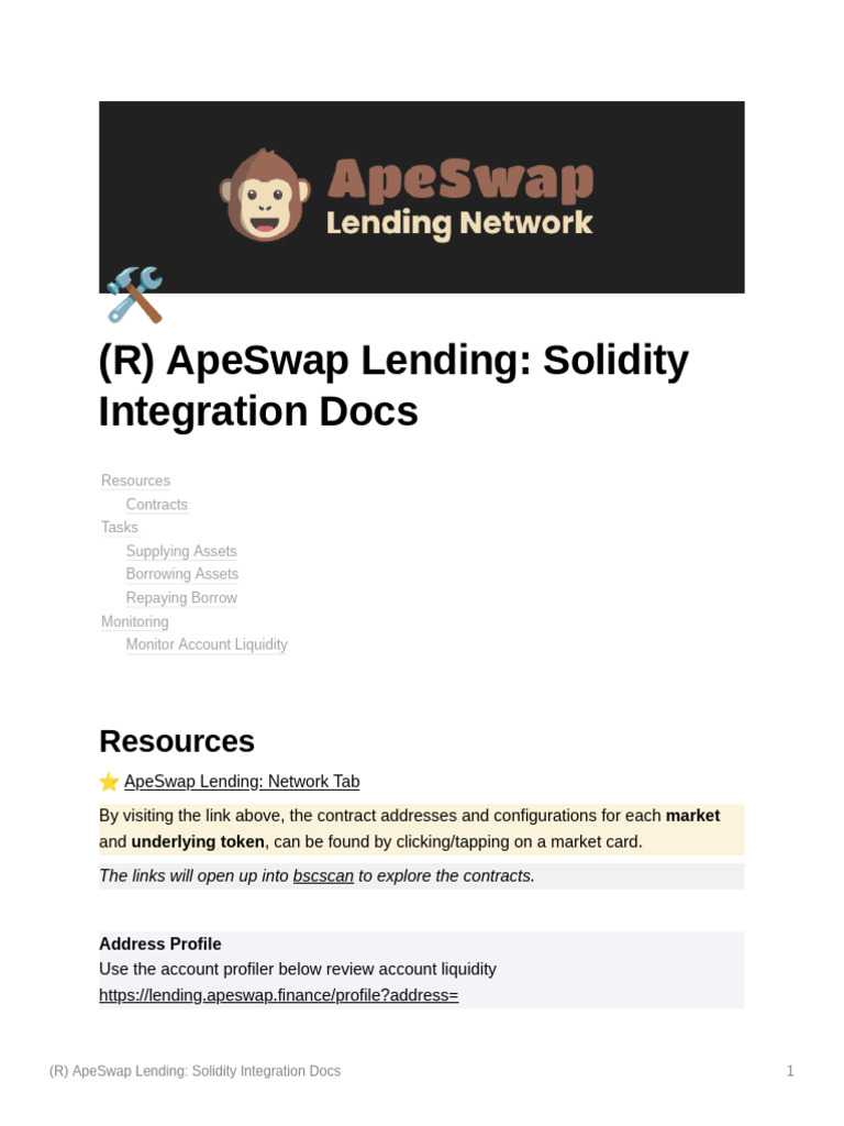 ApeSwap Lending Solidity Integration Docs | PDF | Loans | Market Liquidity